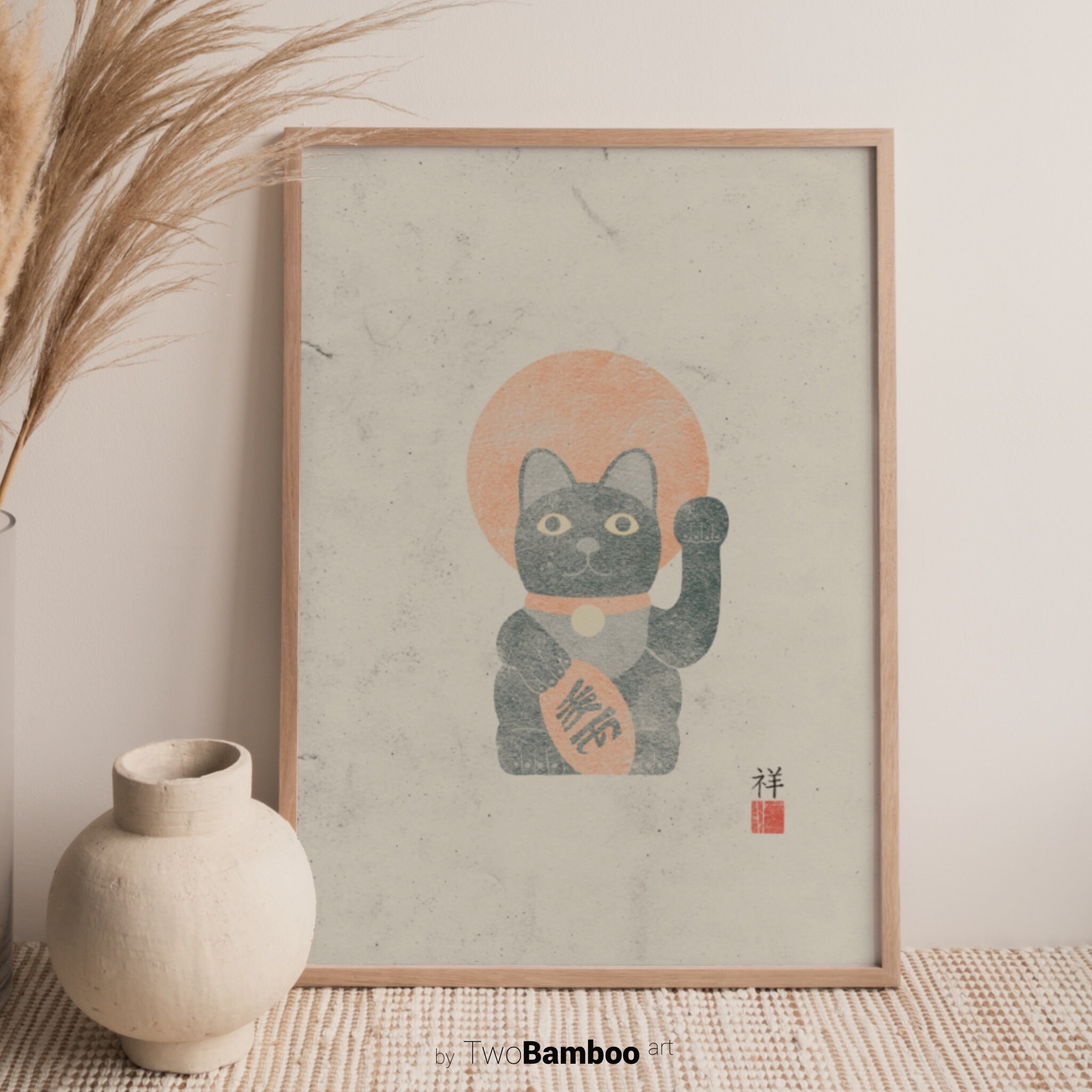 Maneki Neko Print, Lucky Cat Print, Vintage Art Decor, Printable Wall ...