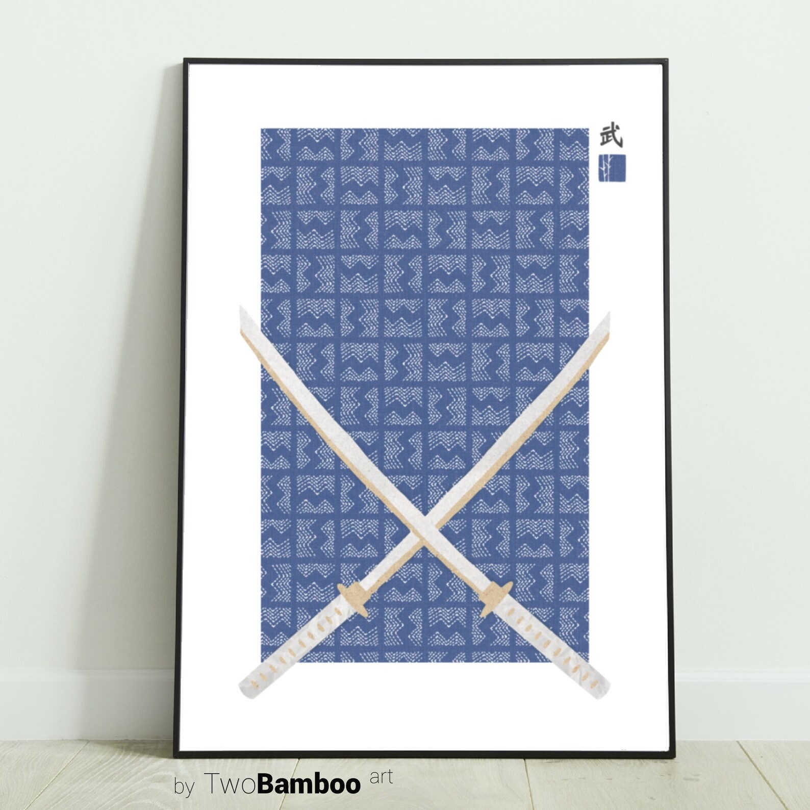 Katana Sword Print: Indigo Sashiko Pattern, Asian Wall Art (digital ...