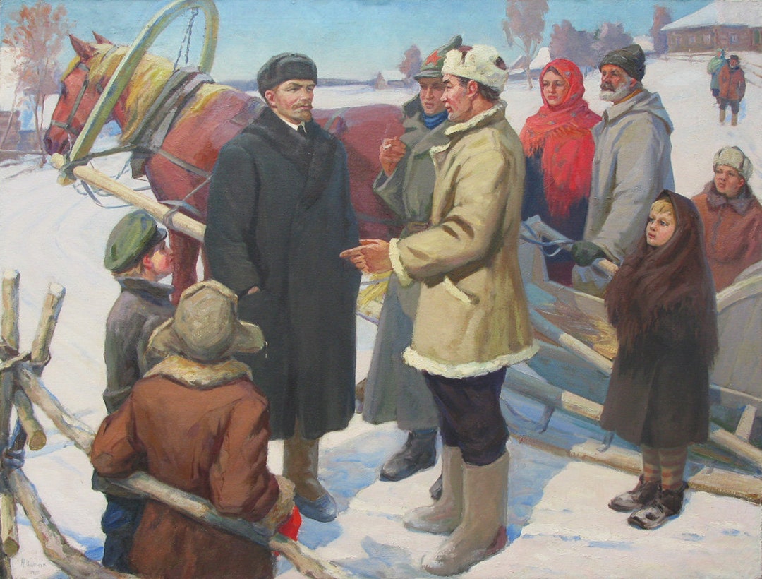 VINTAGE ORIGINAL PAINTING, Socialist Realism, Genre, Lenin and Peasants ...