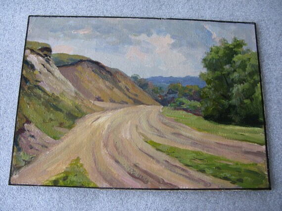 1970s oil on cardboard River in the mountains landscape VINTAGE ...