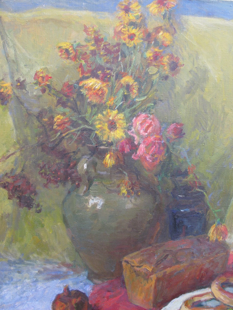 VINTAGE ORIGINAL PAINTING, Socialism, Still Life, Flowers on the Table ...