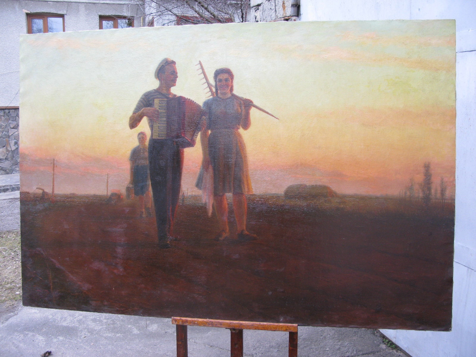 VINTAGE ORIGINAL PAINTING, Socialist Realism, Genre, Field Work, Oil on ...