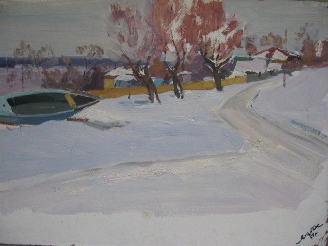 VINTAGE ORIGANAL PAINTING, Landscape, “winter Motive”, Oil on Cardboard ...