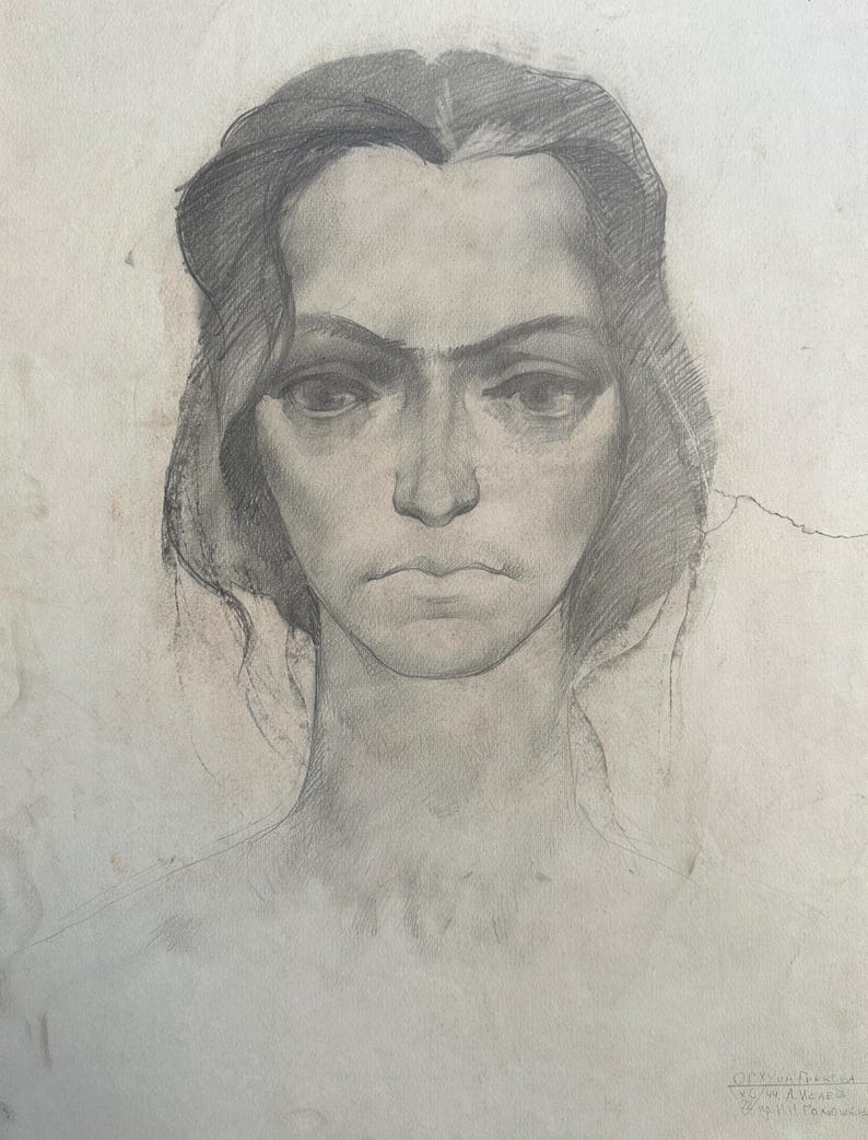 VINTAGE PAINTING, Socialist Realism, Graphics, Drawing, Portrait ...