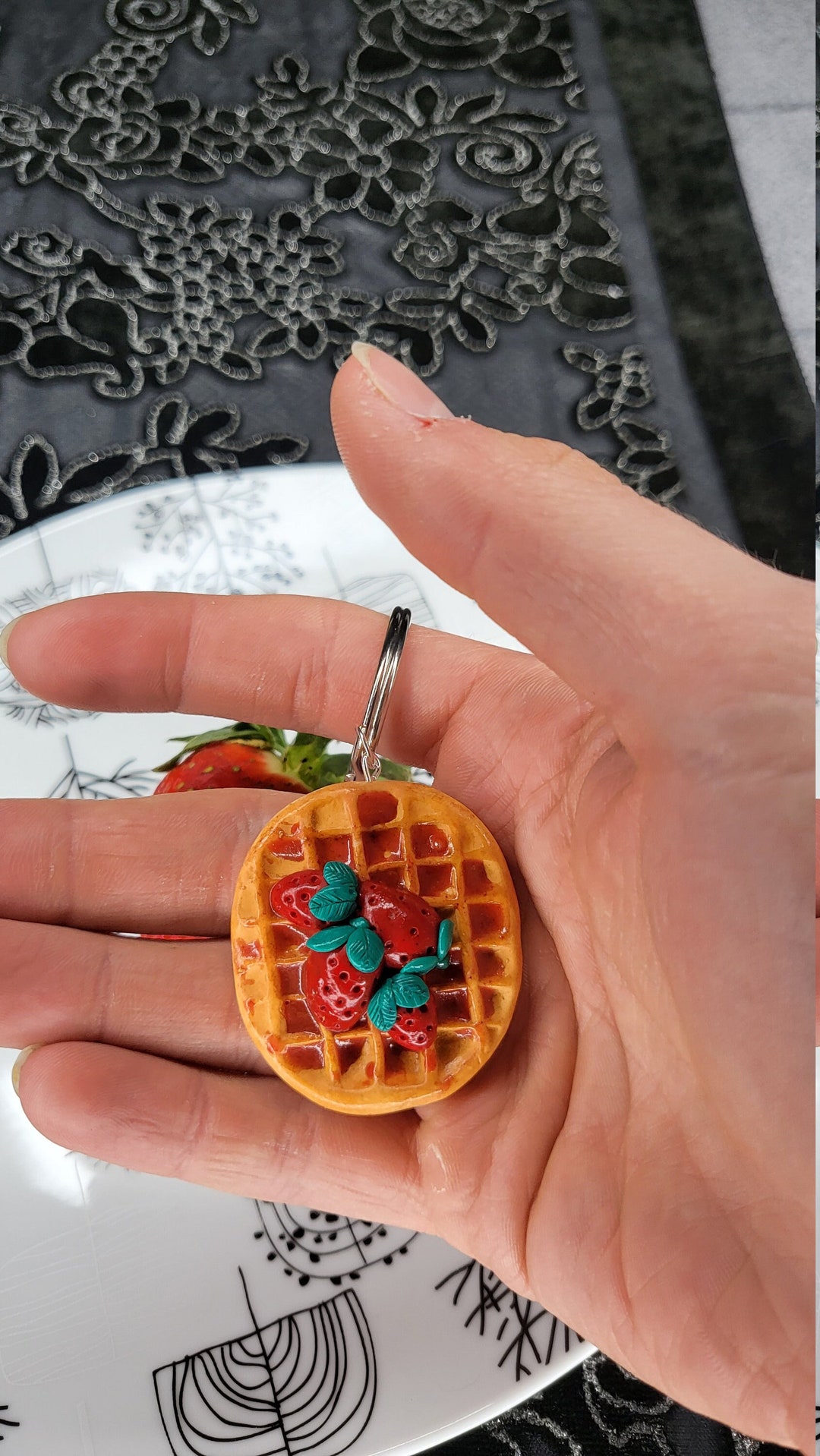 Strawberry Waffle Keyring, Sweet Waffle Keychain, Polymer Clay ...