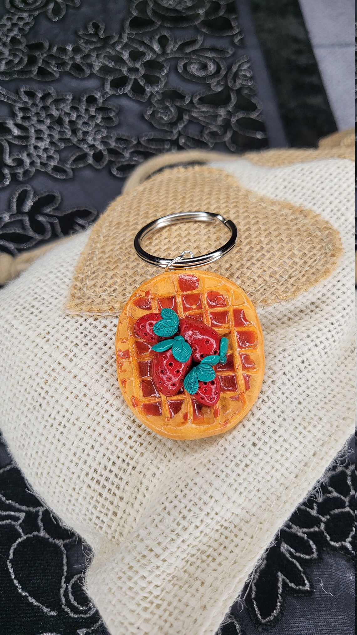 Strawberry Waffle Keyring, Sweet Waffle Keychain, Polymer Clay ...