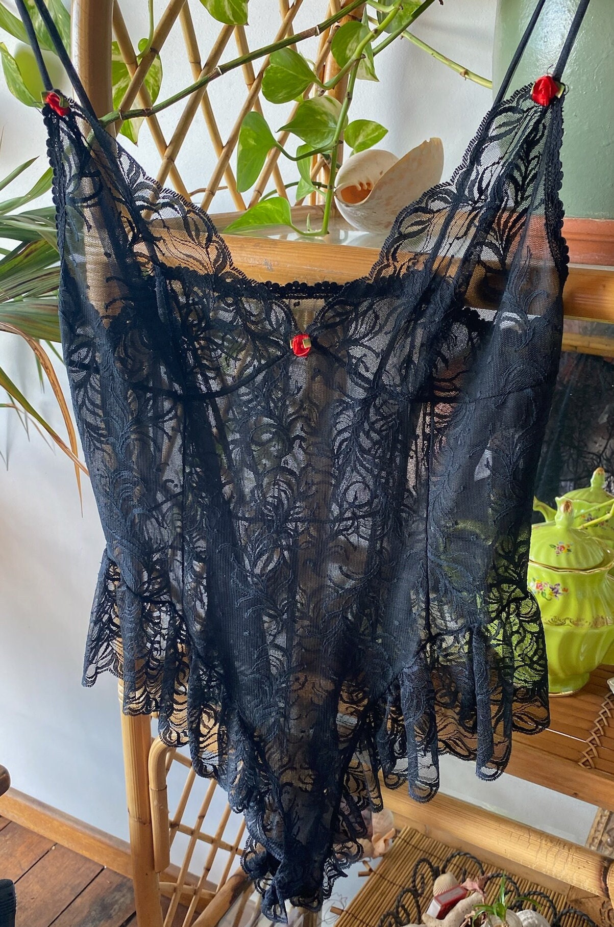 Sexy Sheer 1990's Vintage Black Lace and Red Rose High Cut Teddy W ...