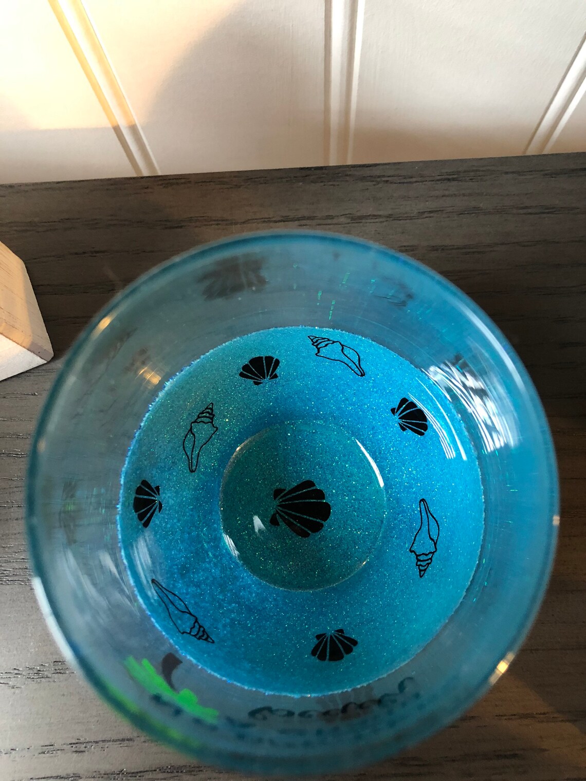 Beach Theme Peek a Boo Wine Glass With Light and Dark Blue Glitter ...