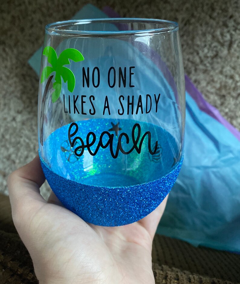 Beach Theme Peek a Boo Wine Glass With Light and Dark Blue Glitter ...