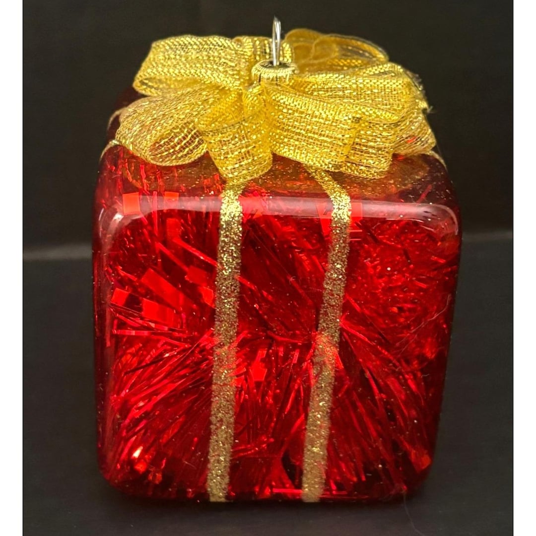 Red Glitter Gift Box Holiday Ornament W Gold Bow Sparkling Accents - Etsy