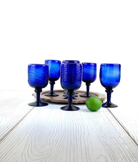 Set of 7 Vintage Cobalt Blue Goblets / Handblown Glassware / - Etsy