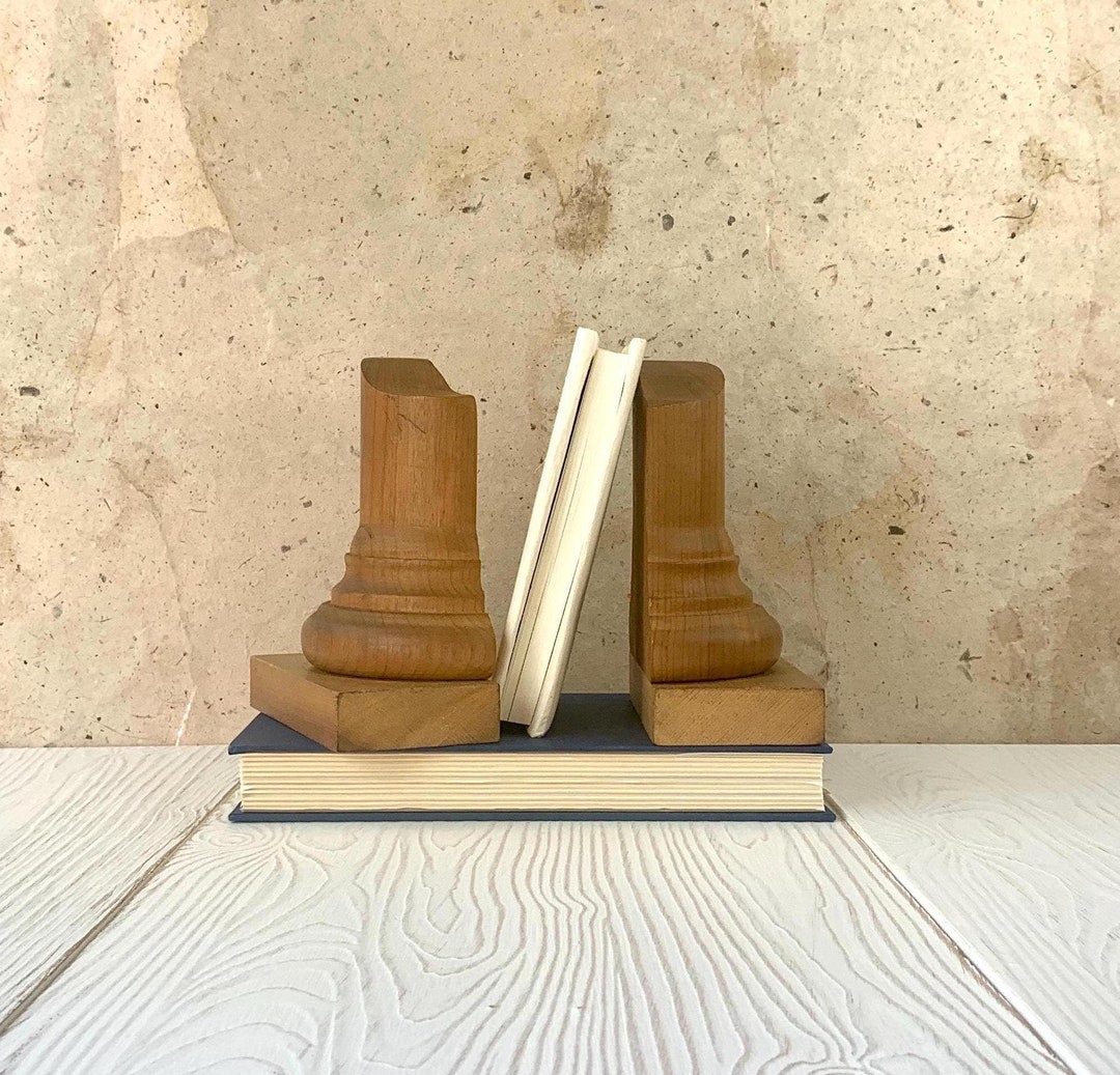 Handcrafted Vintage Wood Bookends / Solid Carved Wood Column Bookends ...