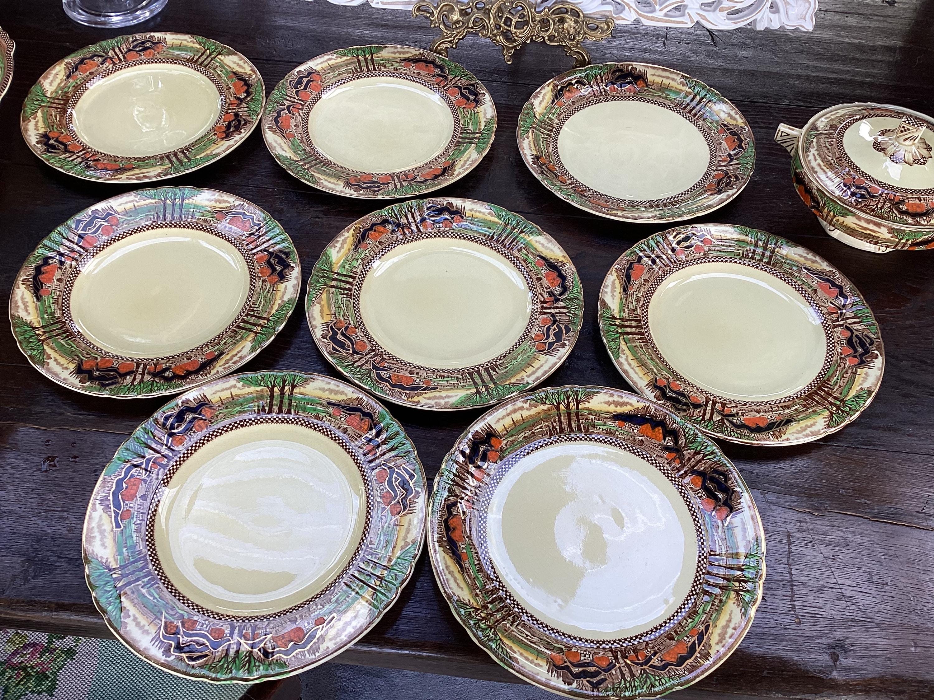 Antique Myott Son & Co Englands Countryside Art Deco Luncheon Plates ...