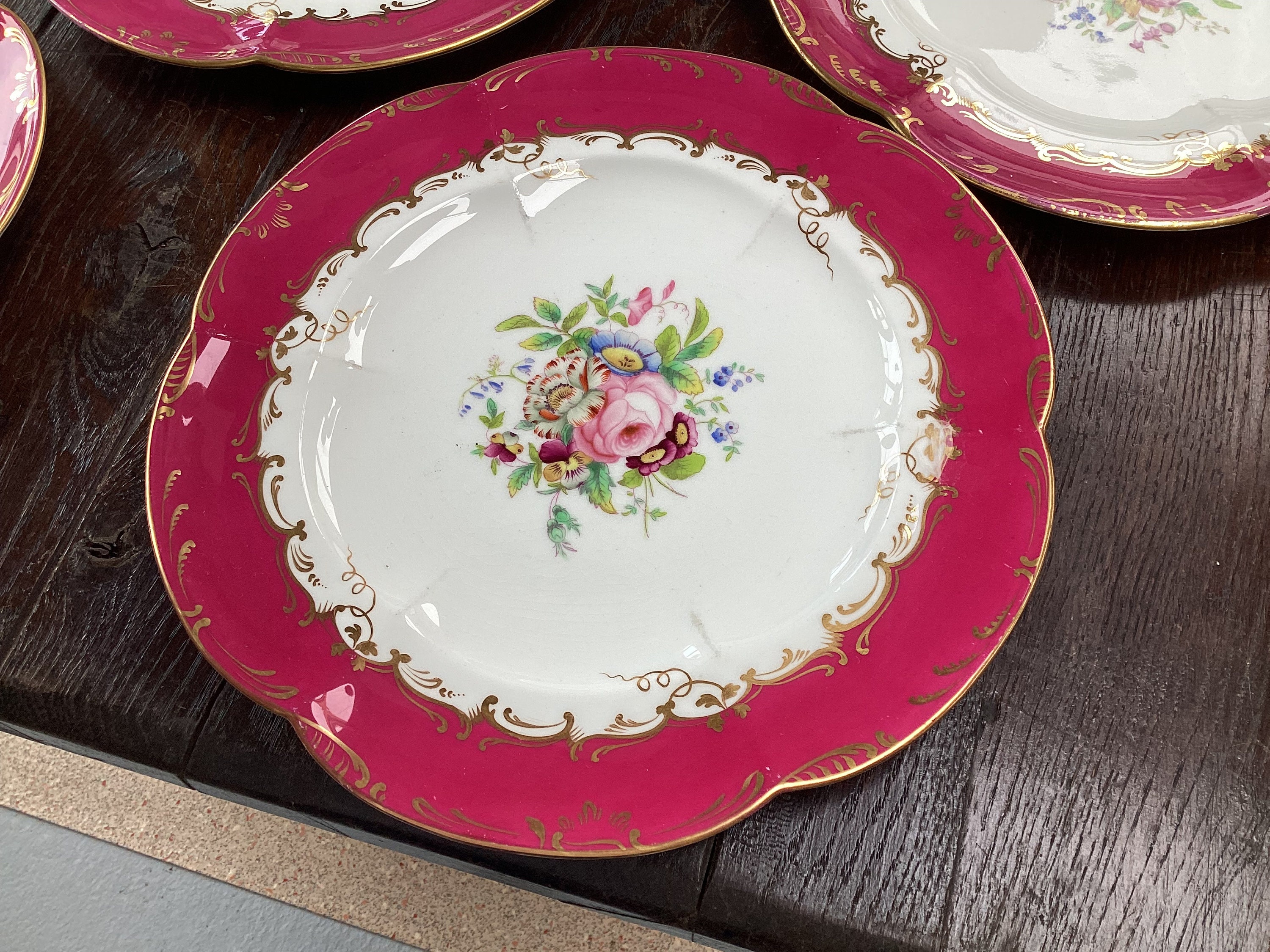 Antique Porcelain Plates Hand Painted Set of 8 Burgundy Gold Decoration ...