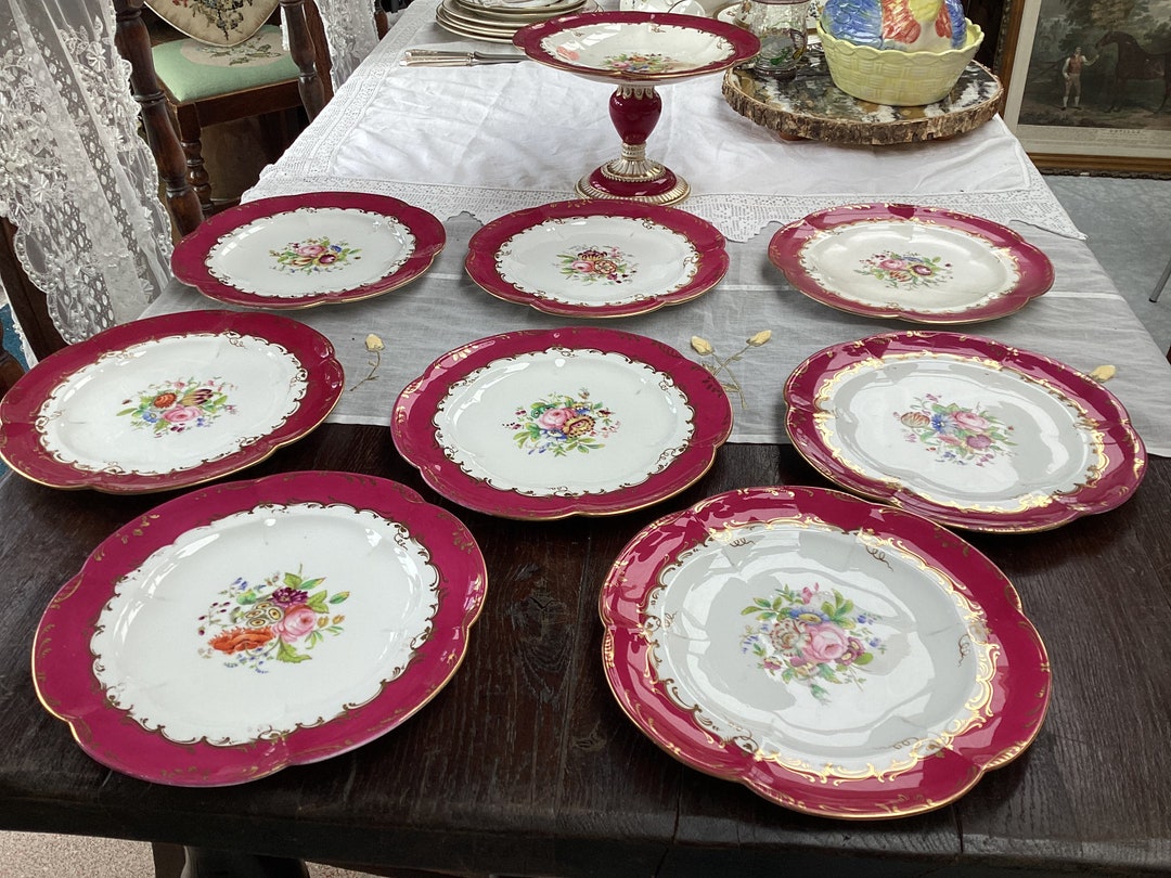 Antique Porcelain Plates Hand Painted Set of 8 Burgundy Gold Decoration ...
