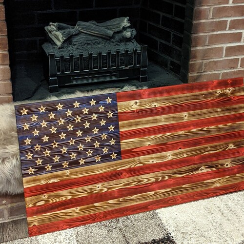 Handcarved Wood American Flag Wall Art Décor Rustic Handmade | Etsy