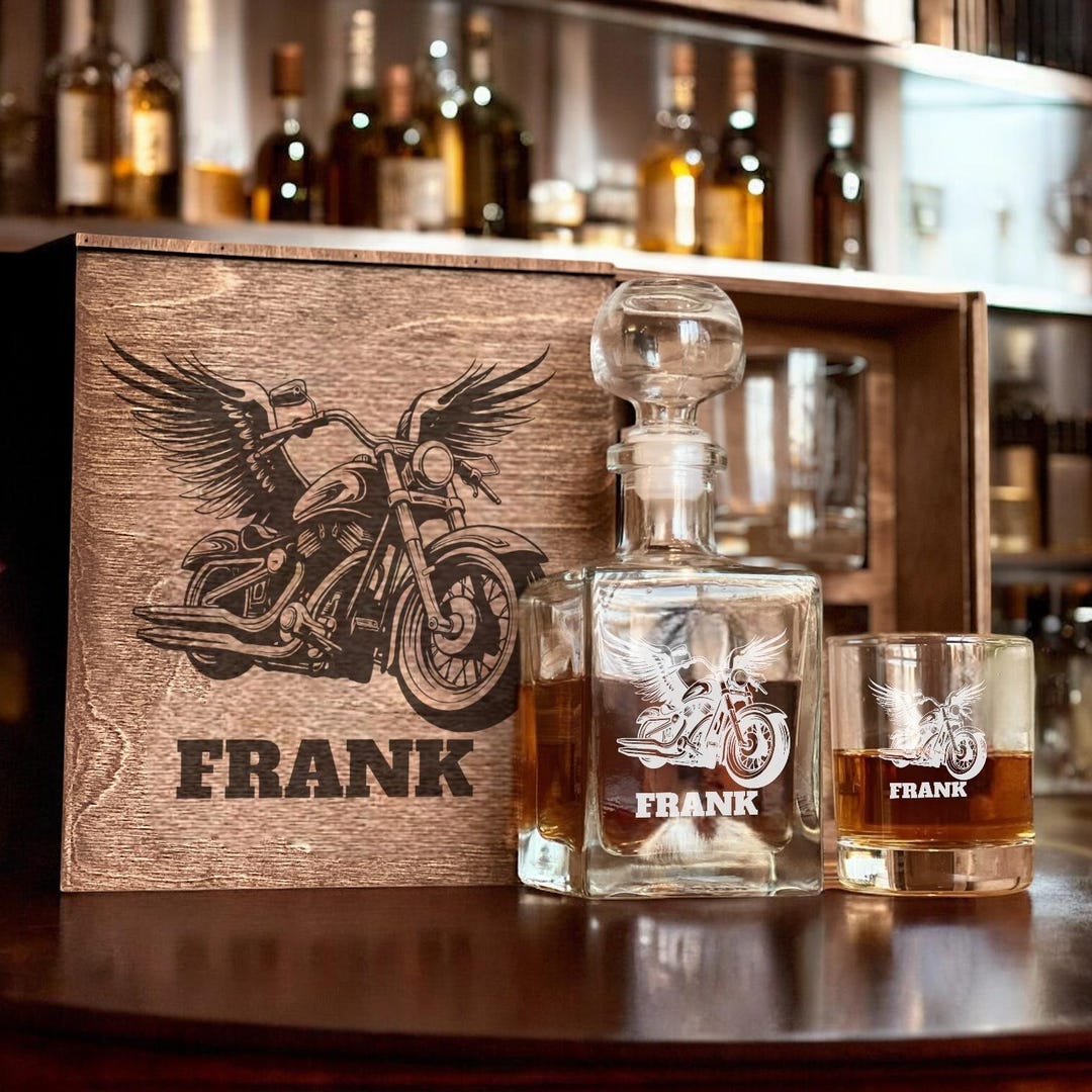 Motorcycle Lover’s Whiskey Decanter Set – Custom Engraved Bourbon Glass ...