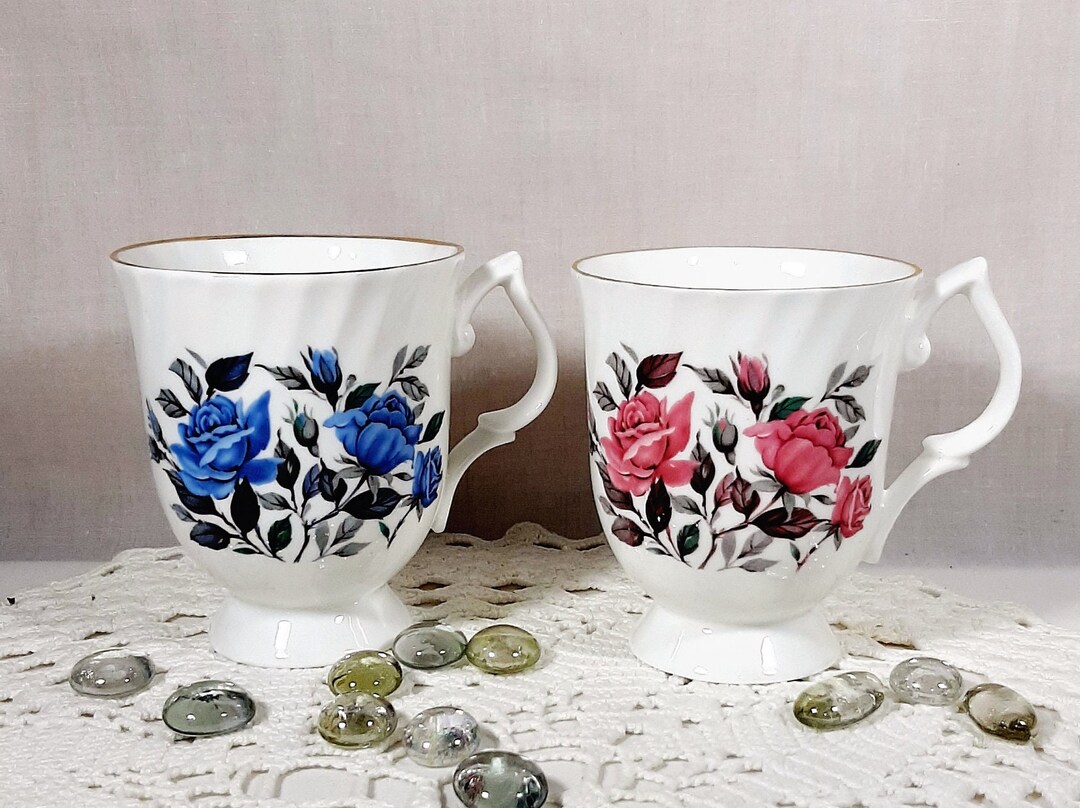 Pink and Blue China Tea Mugs. Collectible Vintage Set of 2 China Mugs ...