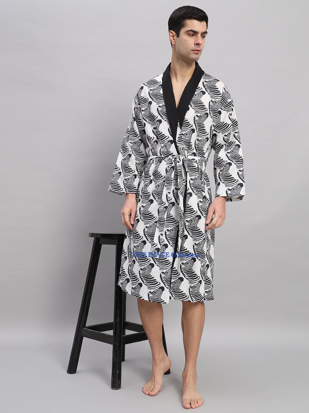 Black and White Mens 100% Cotton Kimono Robe, Boheme Dressing Gown for ...