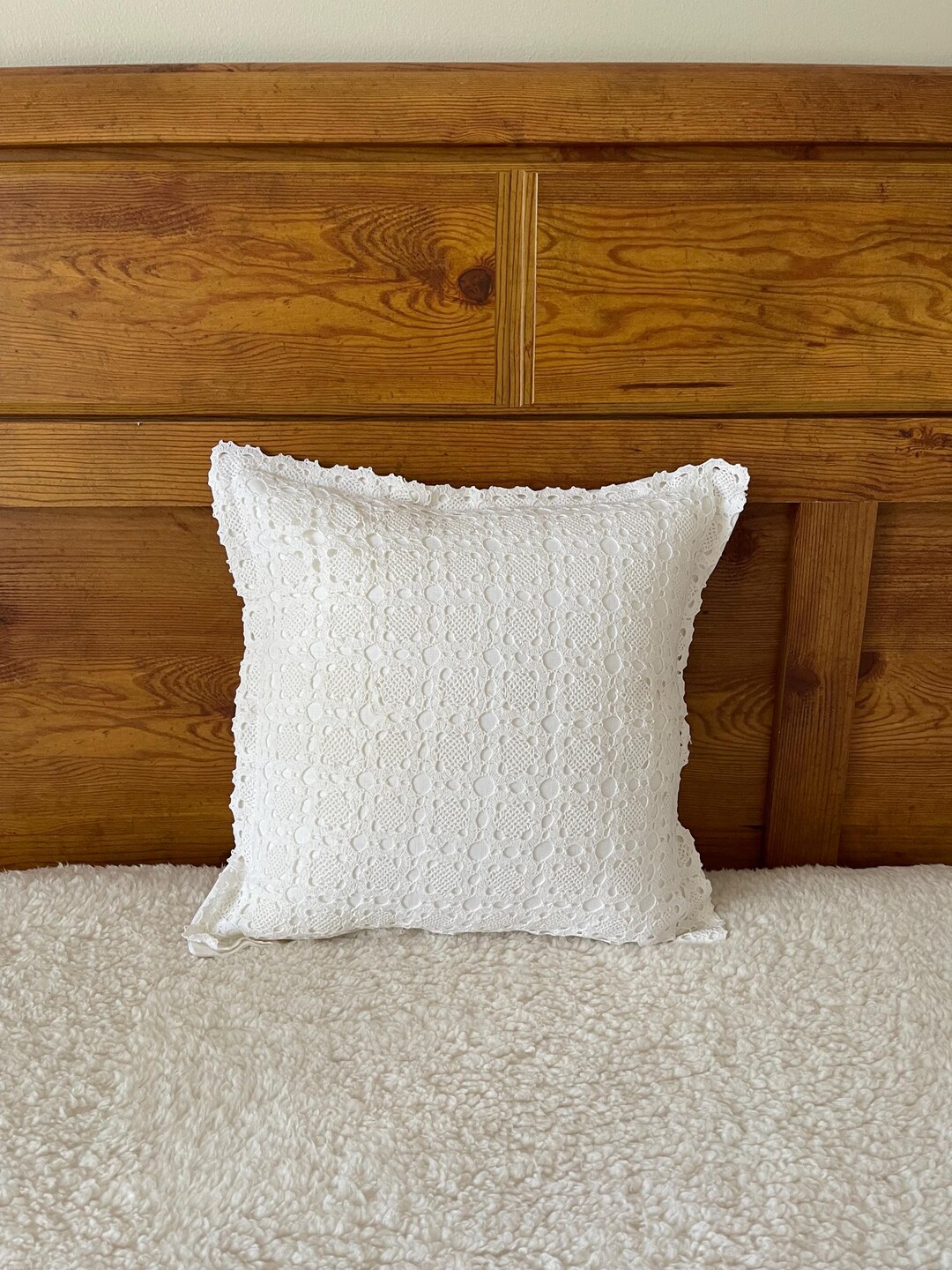 White Linen Pillow Cover 15x15 – Handmade Lace Accent – Farmhouse ...