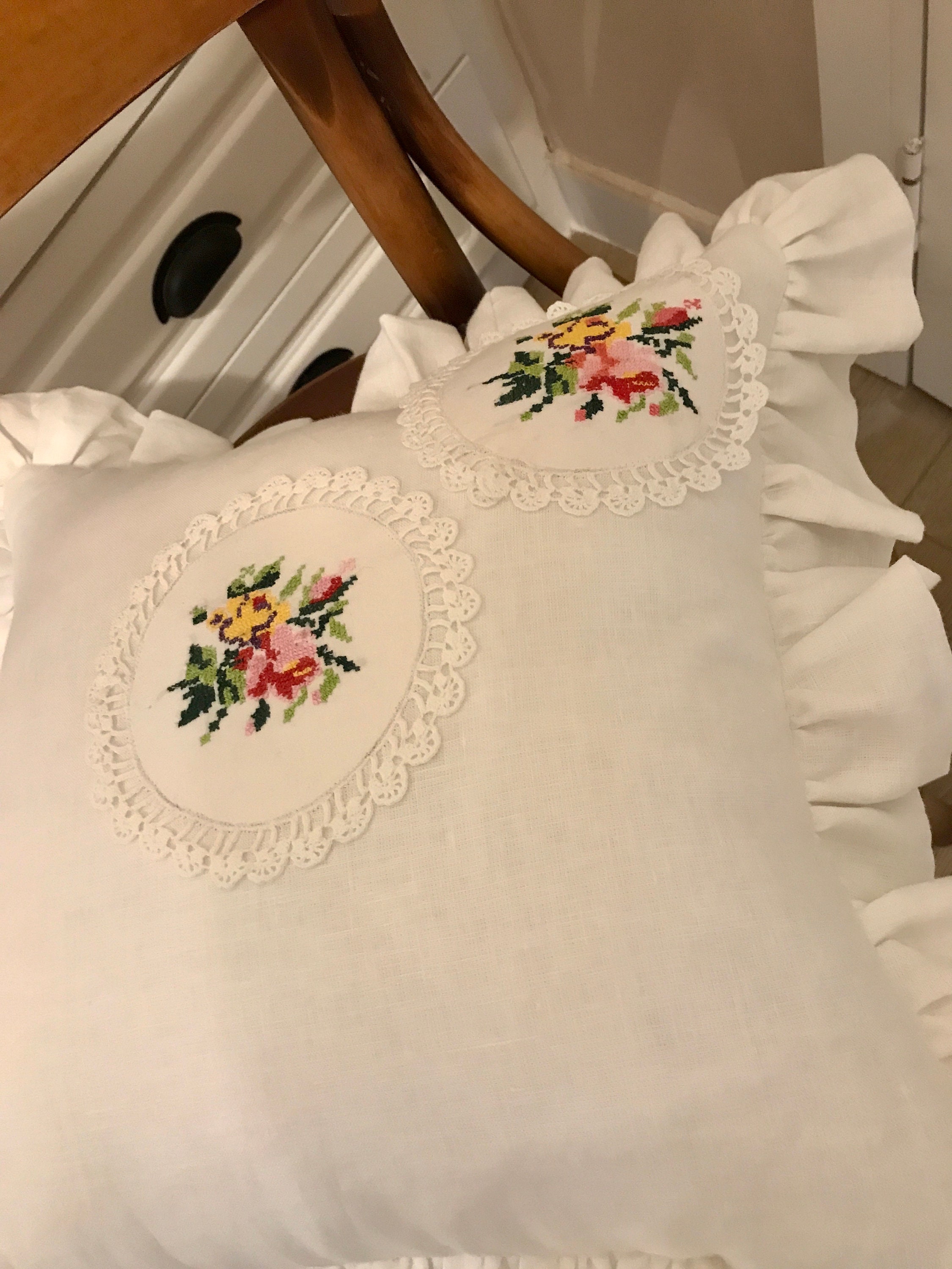 White Linen Pillow Cover, Ruffles, Handmade Lace, Cross-stitch Appliqué ...