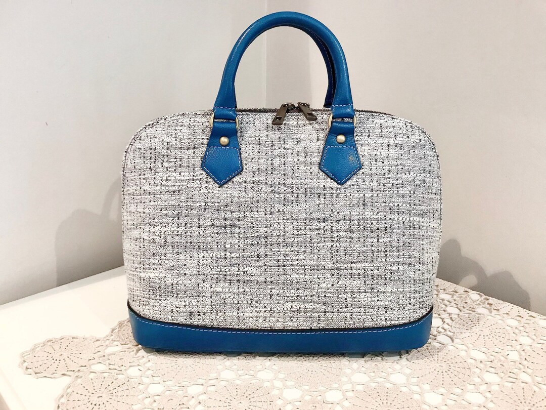 Azure Blue Leather & Upholstery Fabric Handbag | Elegant Handmade ...