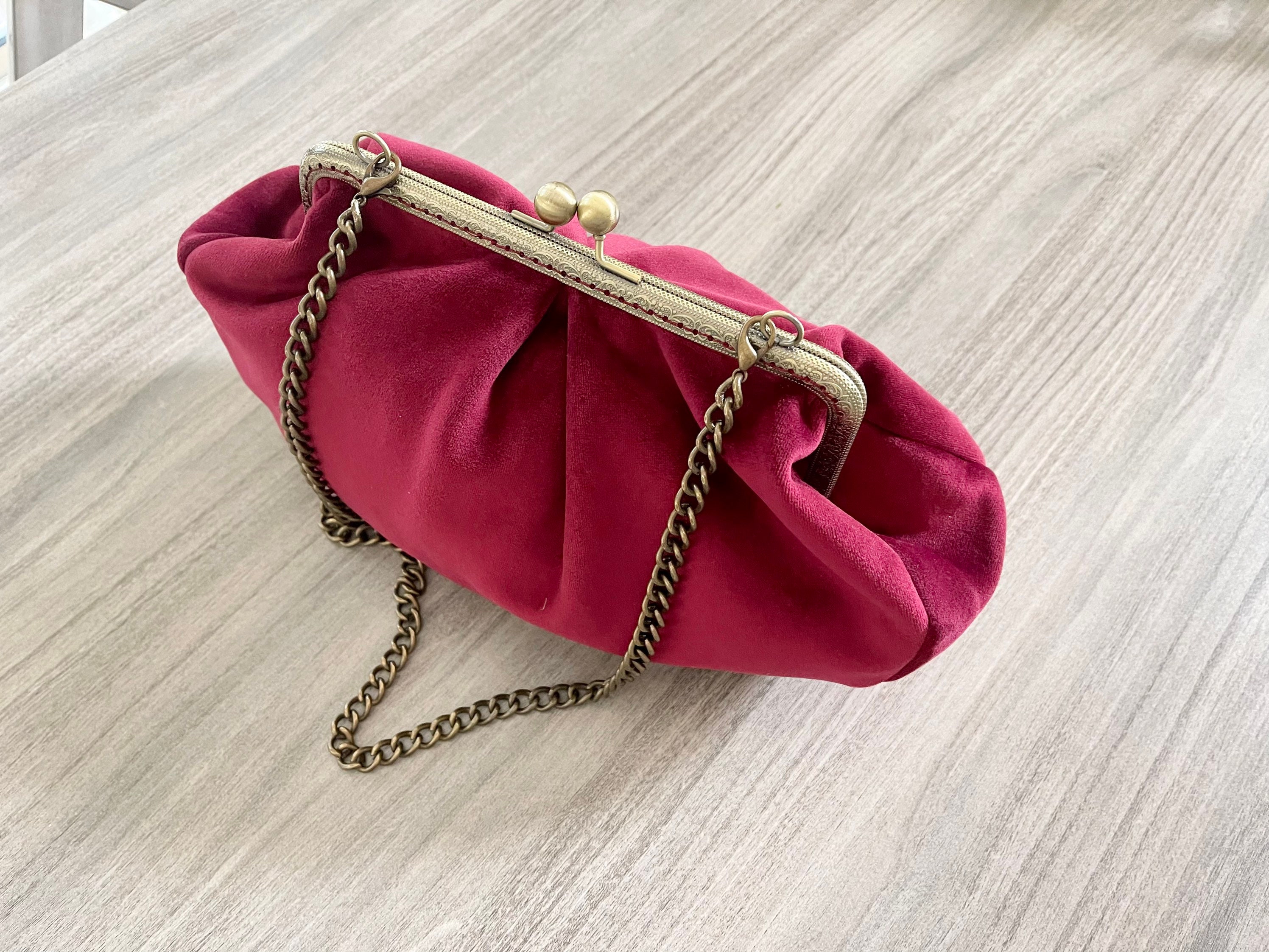Burgundy Velvet Handmade Frame Clutch, Retro Style, Crossbody, Handbag ...