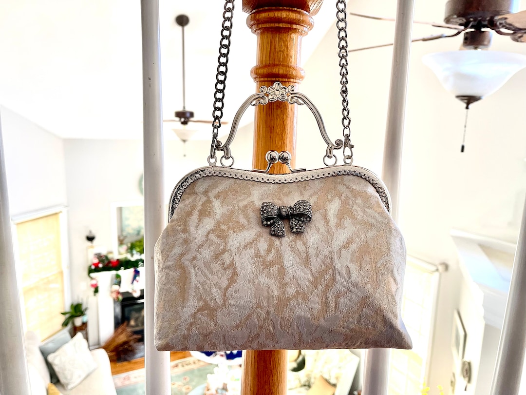 Gray and Golden Effect Brocade Fabric With Unique Vintage Brooch ...