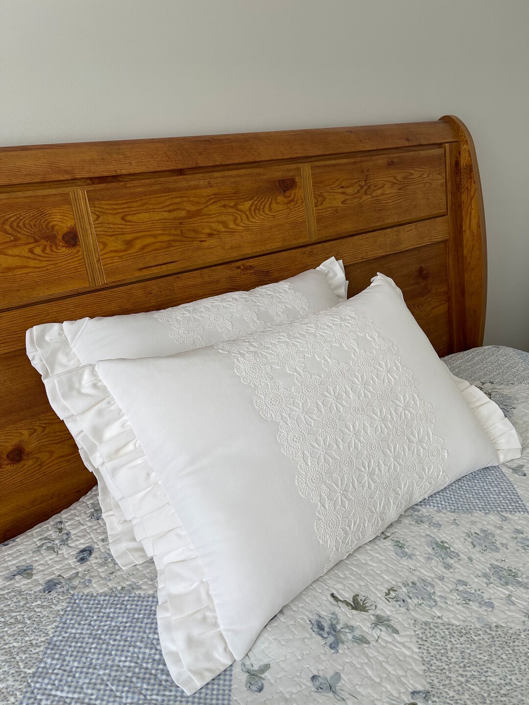 Romantic Set of 2 White Linen Ruffle Pillow Shams – 16x23” With Handmade Lace | Farmhouse ...