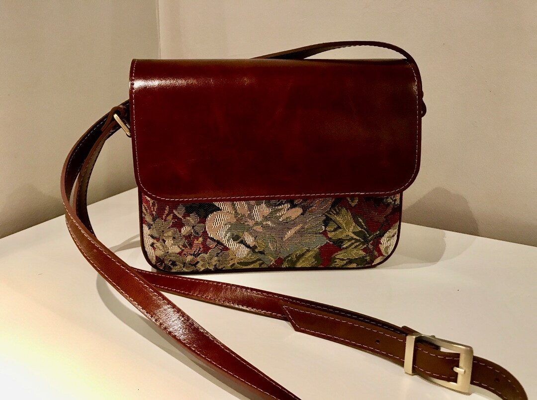 Jacobean Tapestry Crossbody Bag | Genuine Leather Floral Shoulder Bag ...