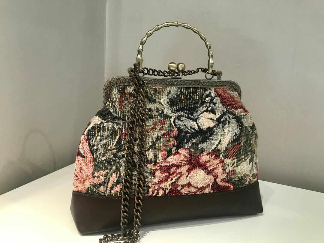Jacobean Tapestry & Leather Clutch | Handmade Kiss-lock Evening Bag ...