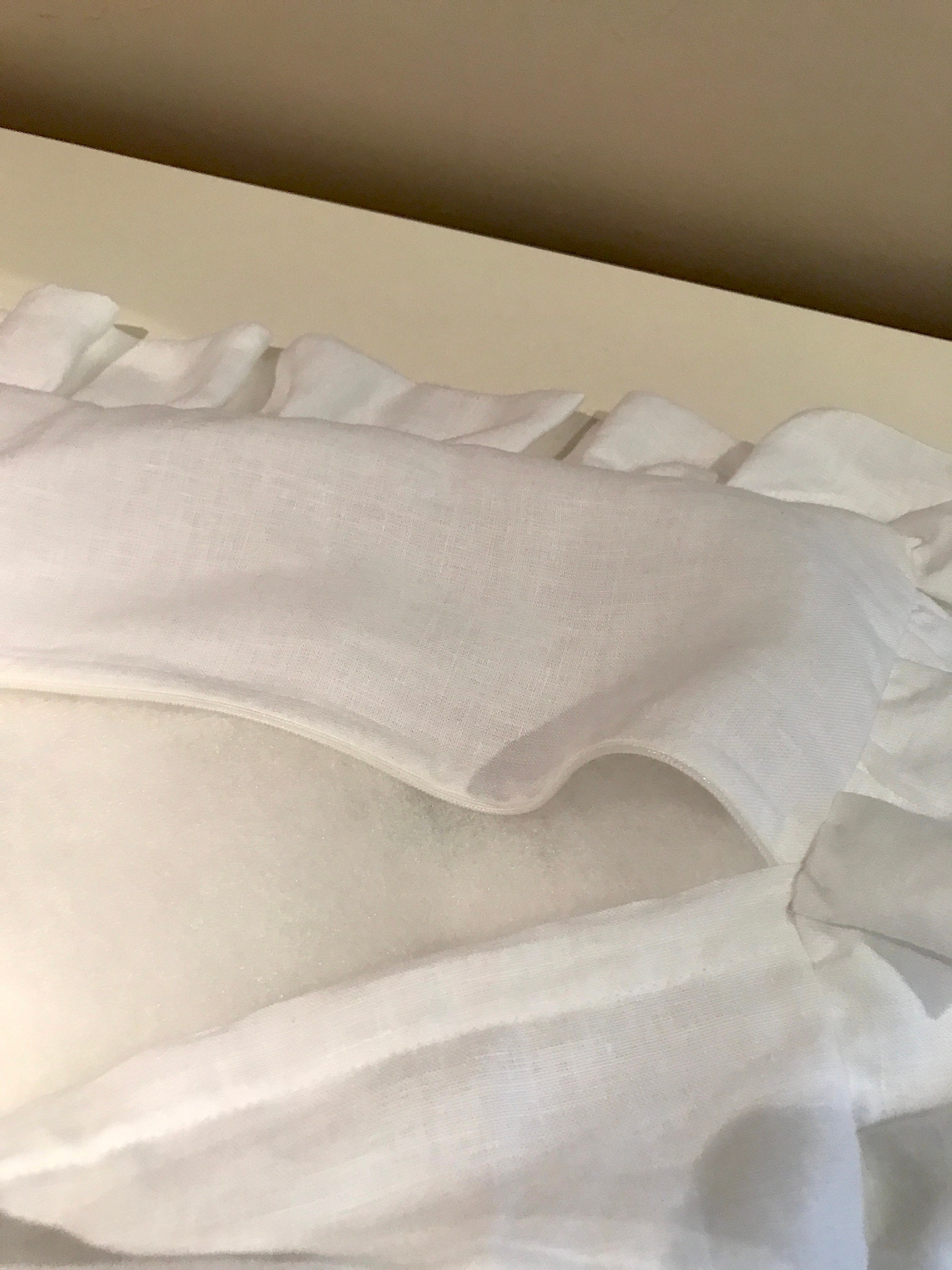 White Linen Pillow Cover, Ruffles, Handmade Lace, Cross-stitch Appliqué ...