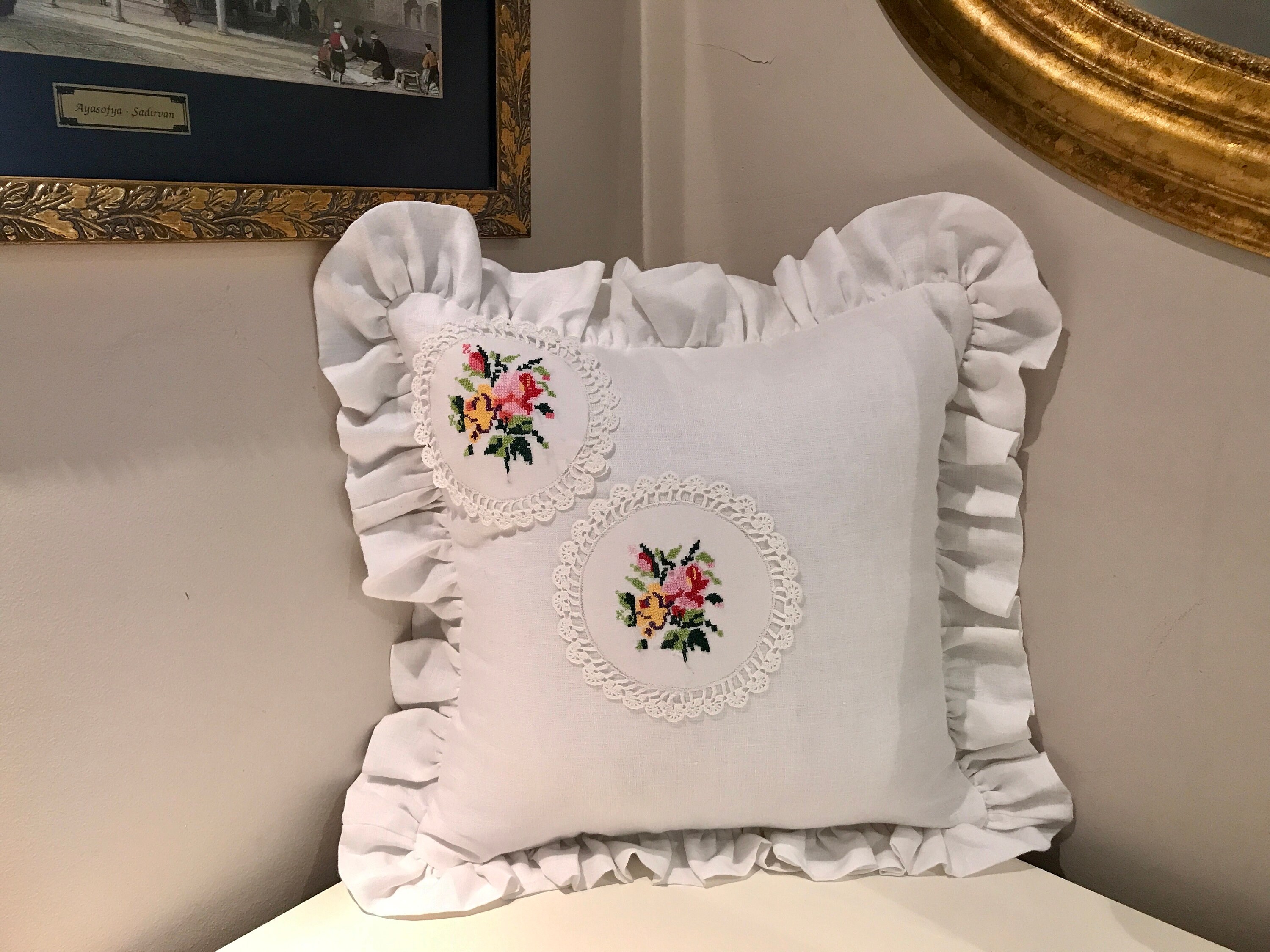 White Linen Pillow Cover, Ruffles, Handmade Lace, Cross-stitch Appliqué ...