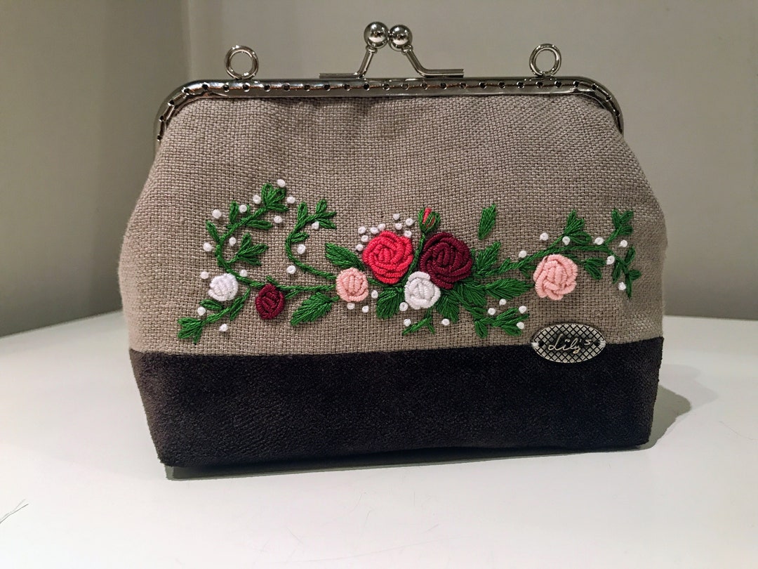 Vintage Style Suede & Linen Clutch Metal Frame Purse Hand Embroidery ...