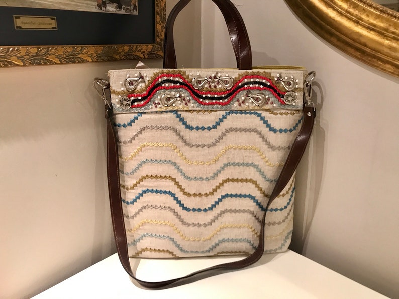 Hand-embroidered Boho Tote Bag | Leather Accents & Shoulder Strap - Etsy