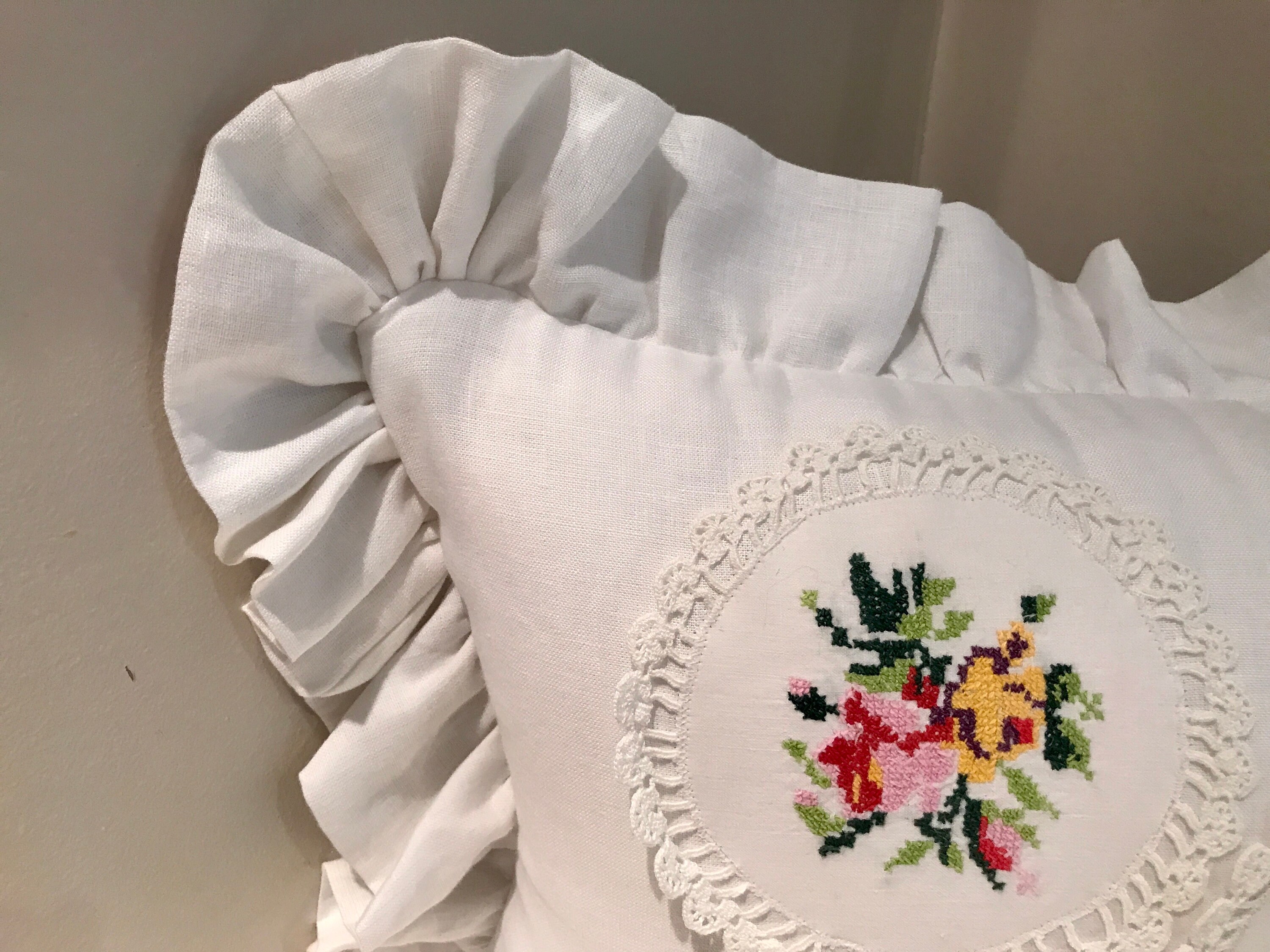 White Linen Pillow Cover, Ruffles, Handmade Lace, Cross-stitch Appliqué ...
