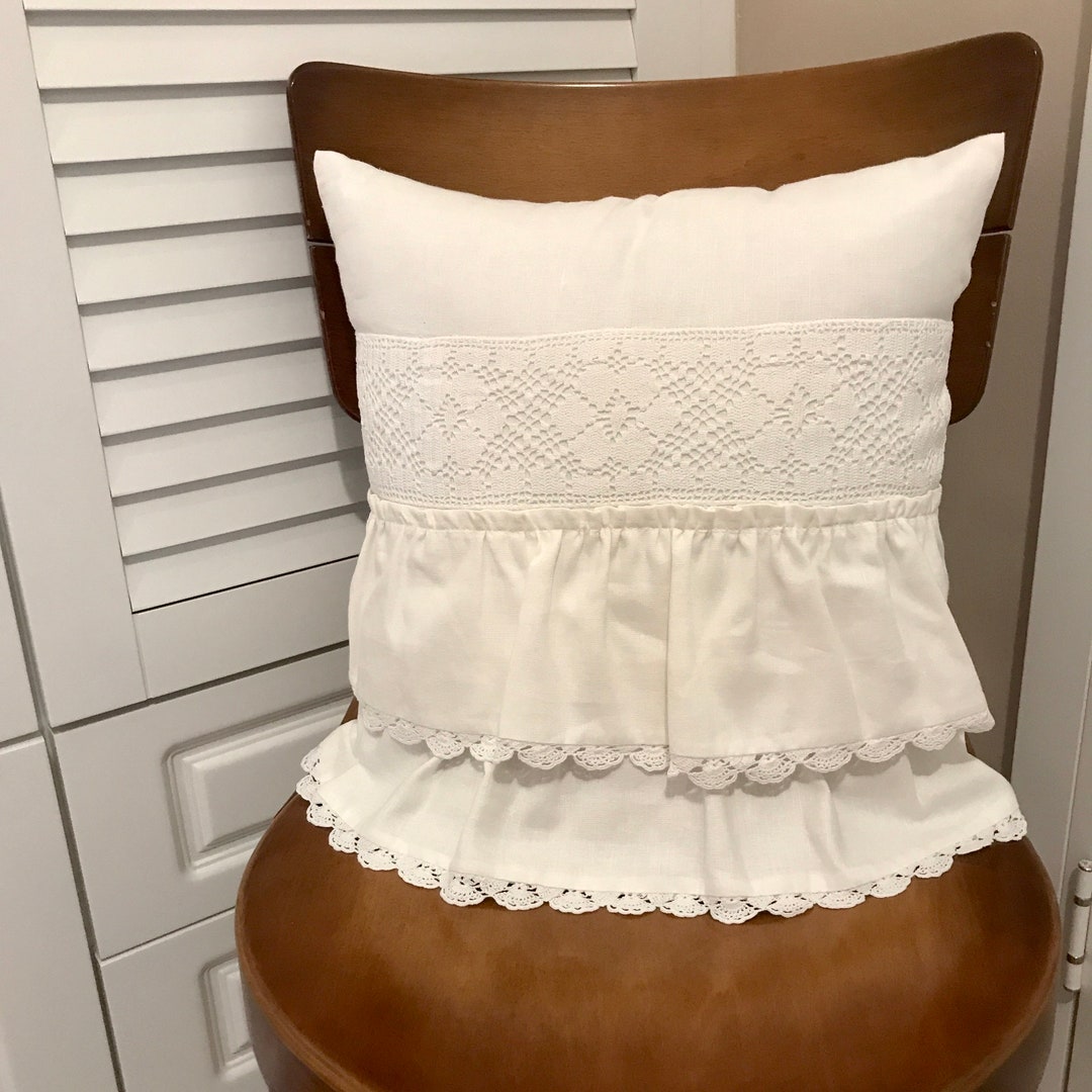 White Linen Pillow Cover | Ruffle and Handmade Lace Trim, Cottagecore ...