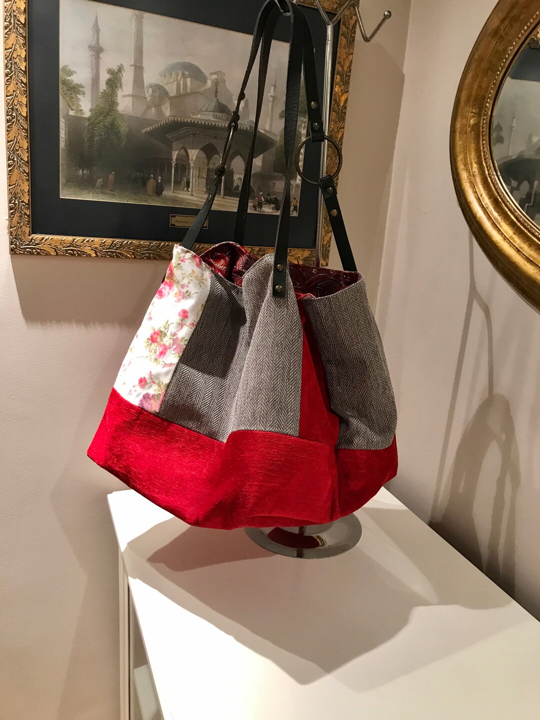 Large Double Sided Patchwork Tote Bag in Crimson Red Velvet ...