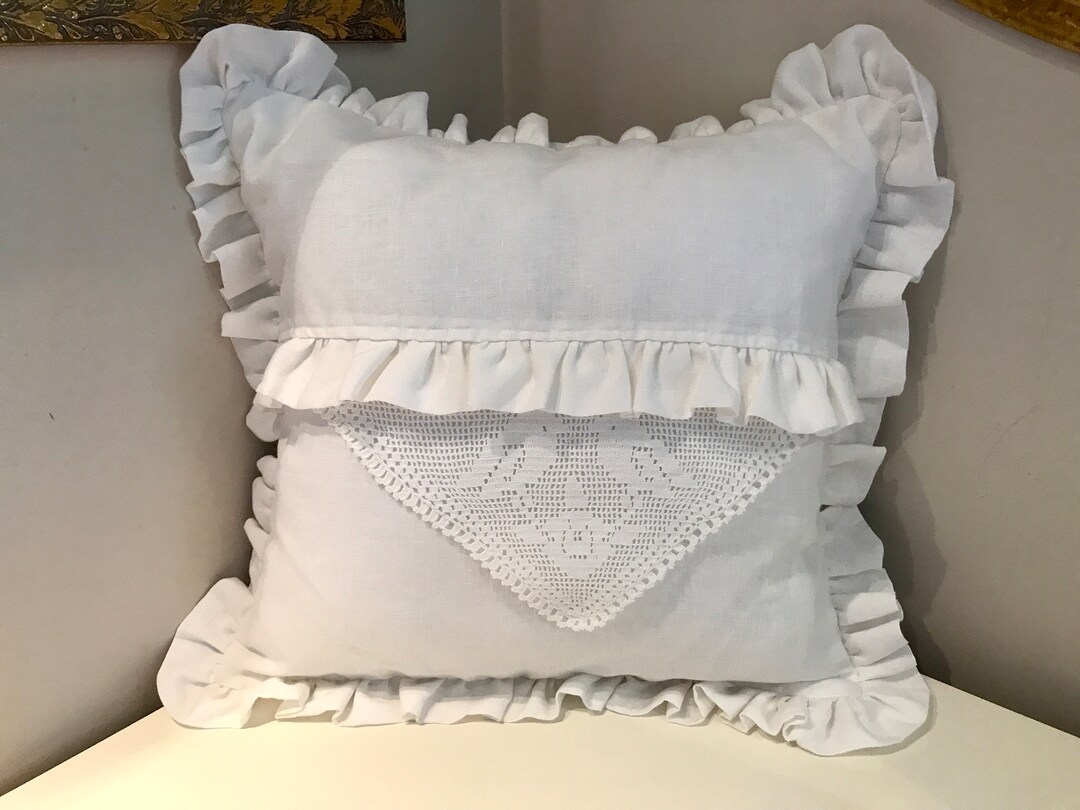 Romantic White Linen Pillow Cover With Handmade Lace & Ruffles – 16x16 ...