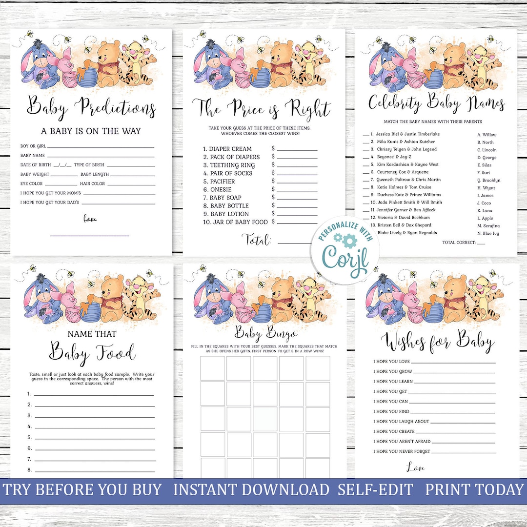 Winnie the Pooh Baby Shower Games, Honeybees, EDITABLE (digital ...