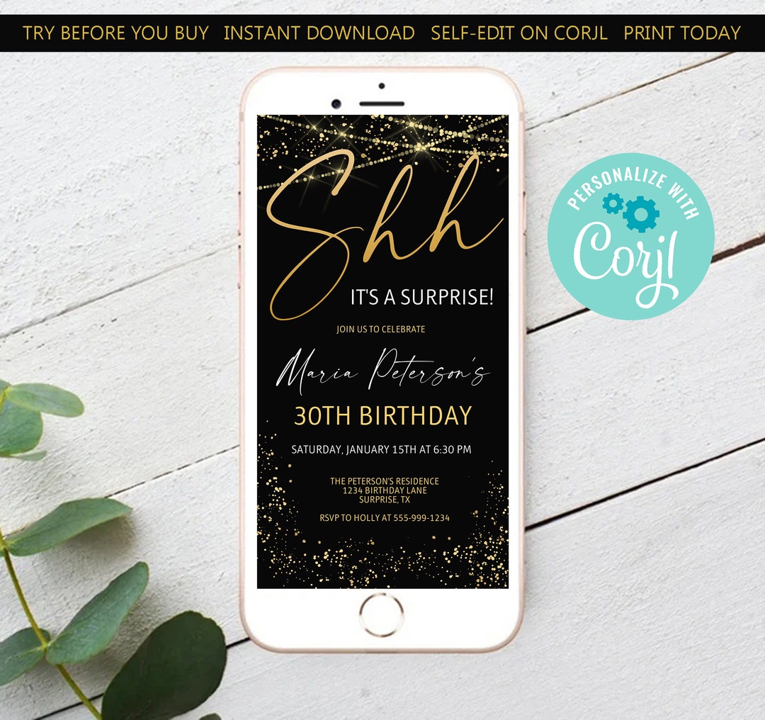 Editable Shh It's a Surprise Birthday Party Electronic Invitation ...