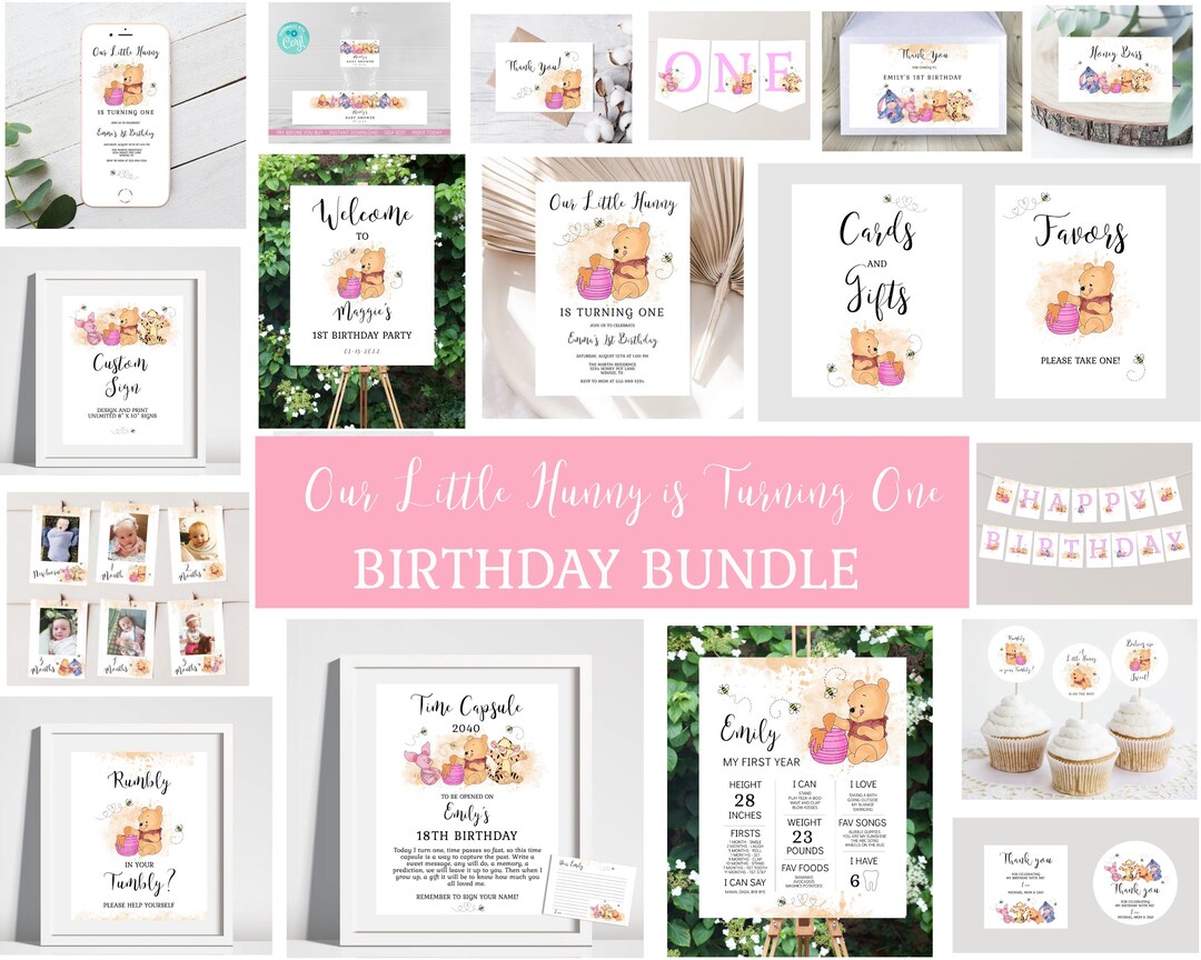 Our Little Hunny is Turning One Girl 1st Birthday Invitation Bundle ...