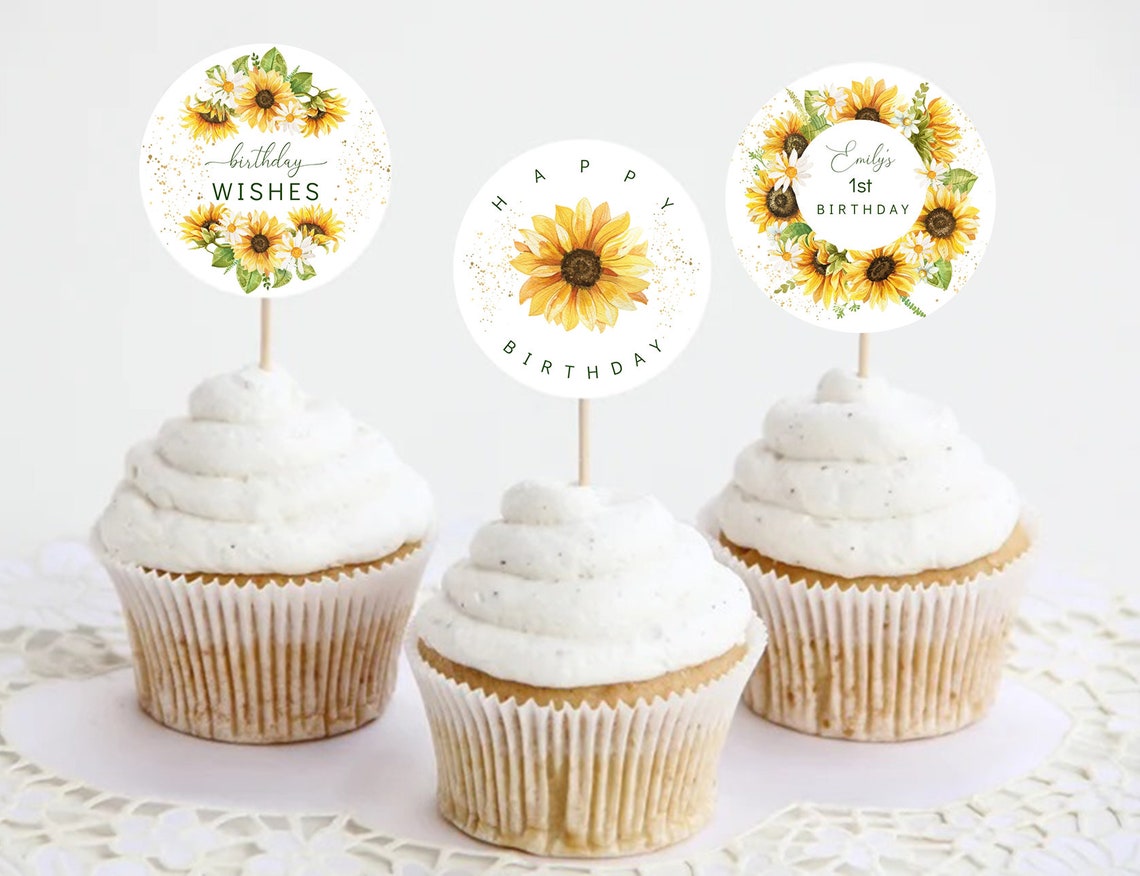 Sunflower 1st Birthday Cupcake Toppers, Editable Daisy Party (digital ...