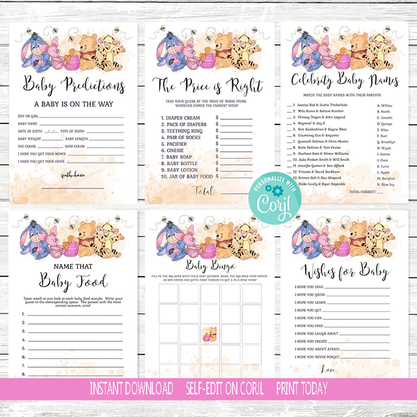 Editable Winnie the Pooh Girl Baby Shower Bundle Template Winnie Pooh ...
