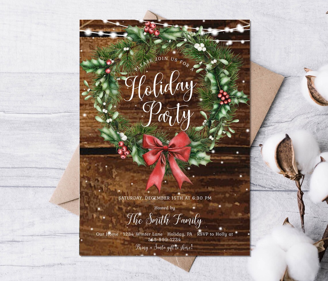 Rustic Christmas Party Invitation Template, Barn Wood Wreath (EDITABLE ...