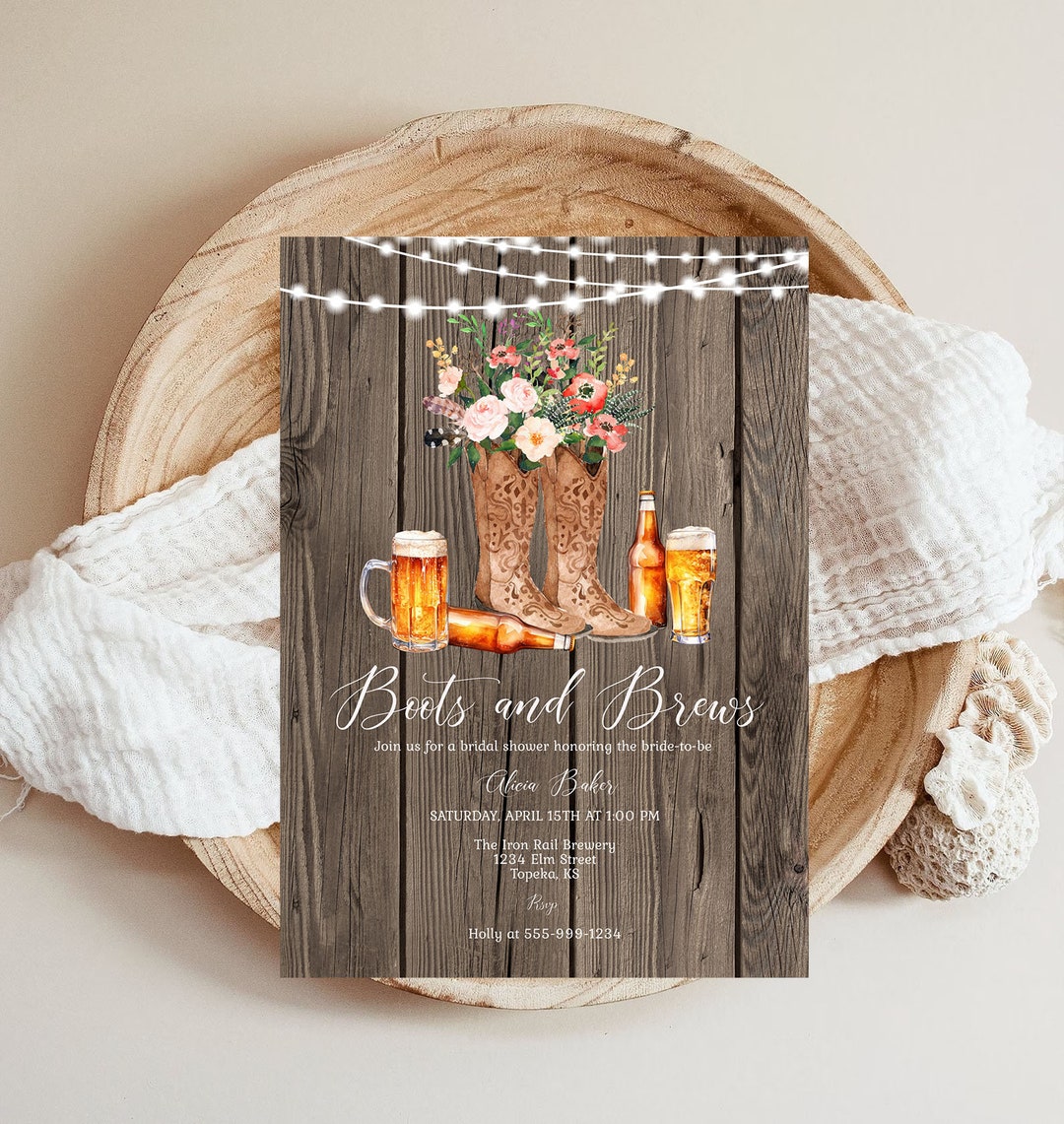 Rustic Boots and Brews Bridal Shower Invitation Template Cowgirl Boots ...