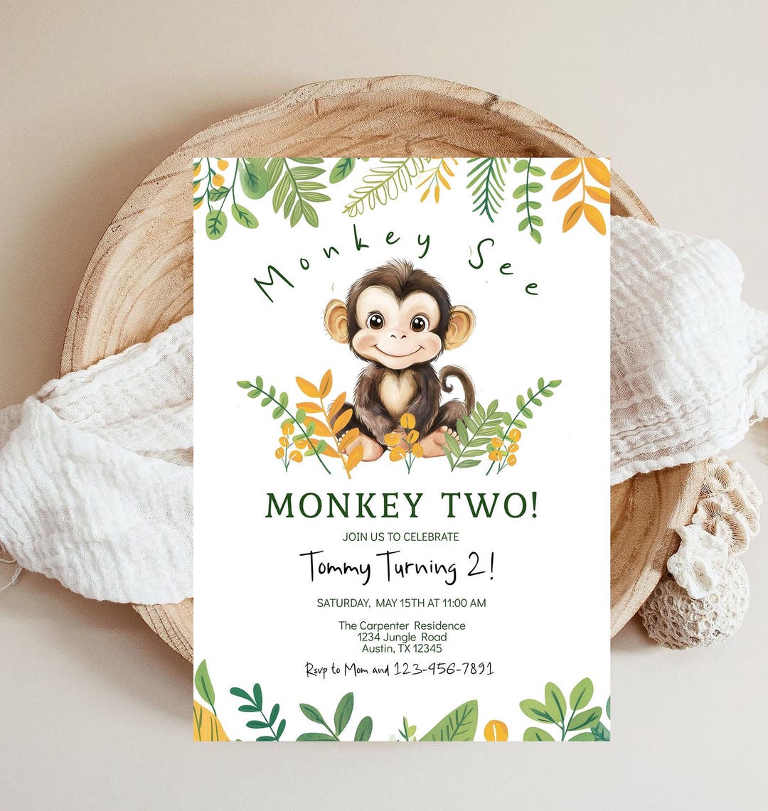 Monkey See Monkey Two 2nd Birthday Party Invitation Template Cute ...