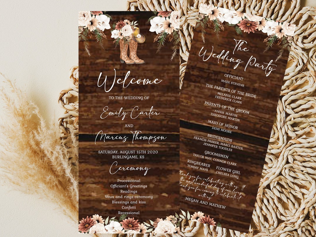 Rustic Western Wedding Program Template: Cowboy Boots, Floral (editable ...
