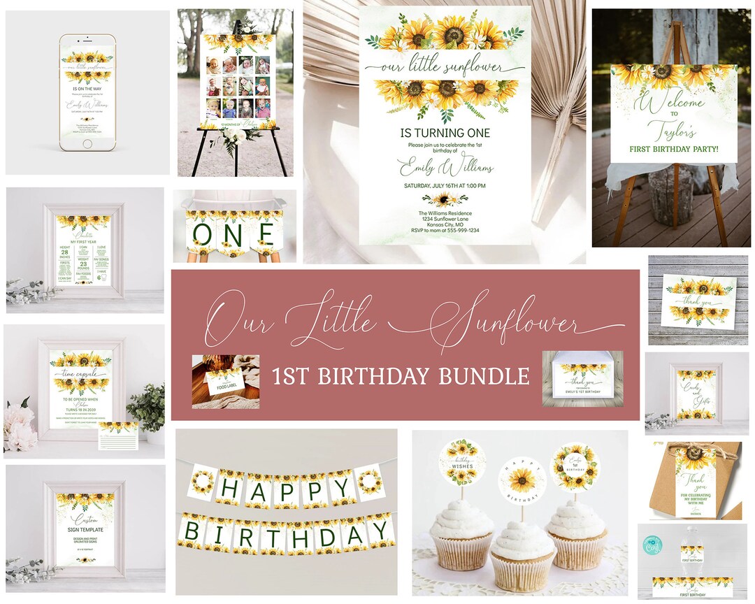 Our Little Sunflower is Turning One Birthday Invitation Bundle Template ...