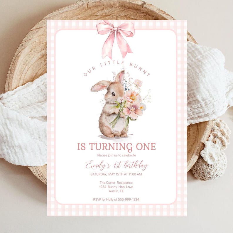 Our Little Bunny is Turning One Birthday Party Invitation Template Baby ...